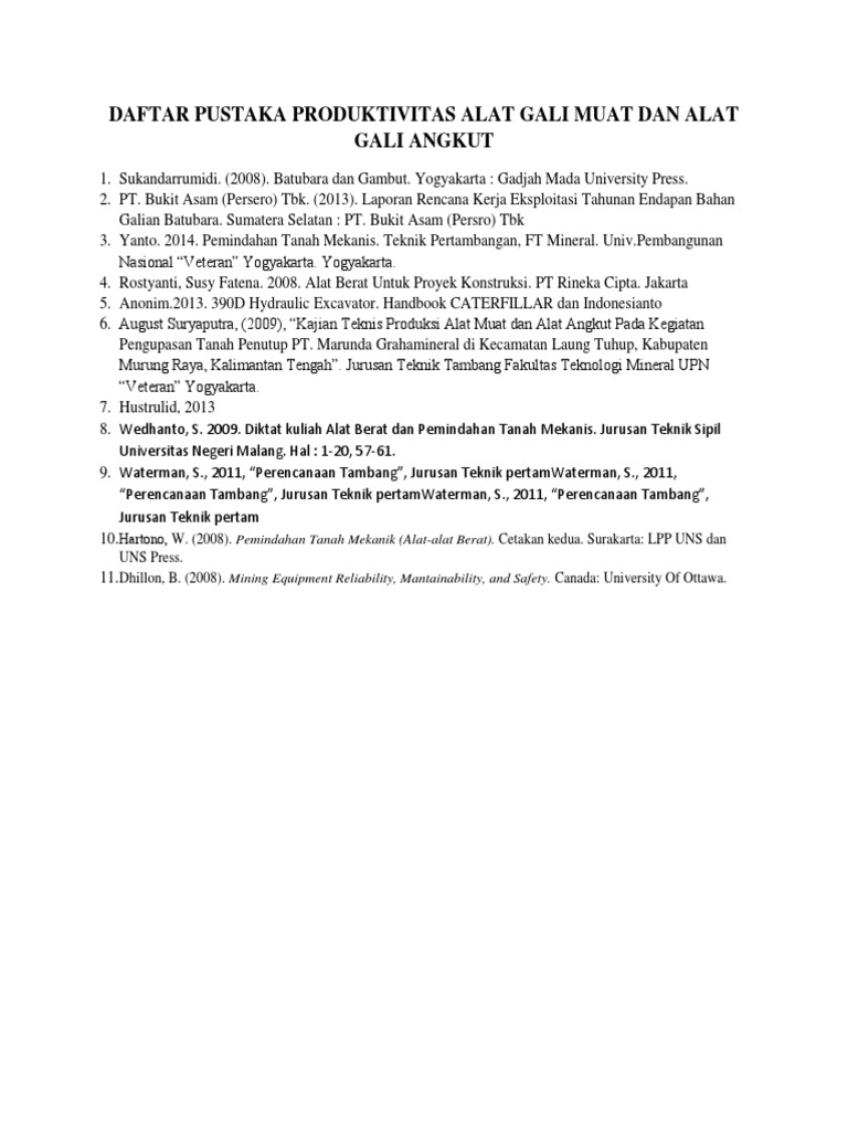 Daftar Pustaka Produktivitas Alat Gali Muat Dan Alat Gali Angkut | PDF