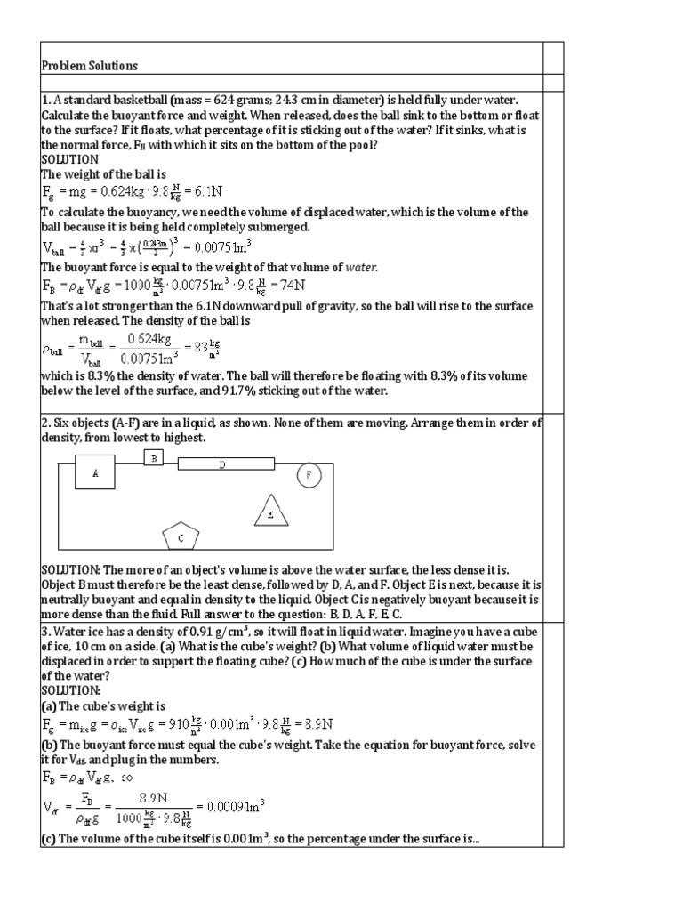 Buoyancy Problem Solutions | PDF | Buoyancy | Density
