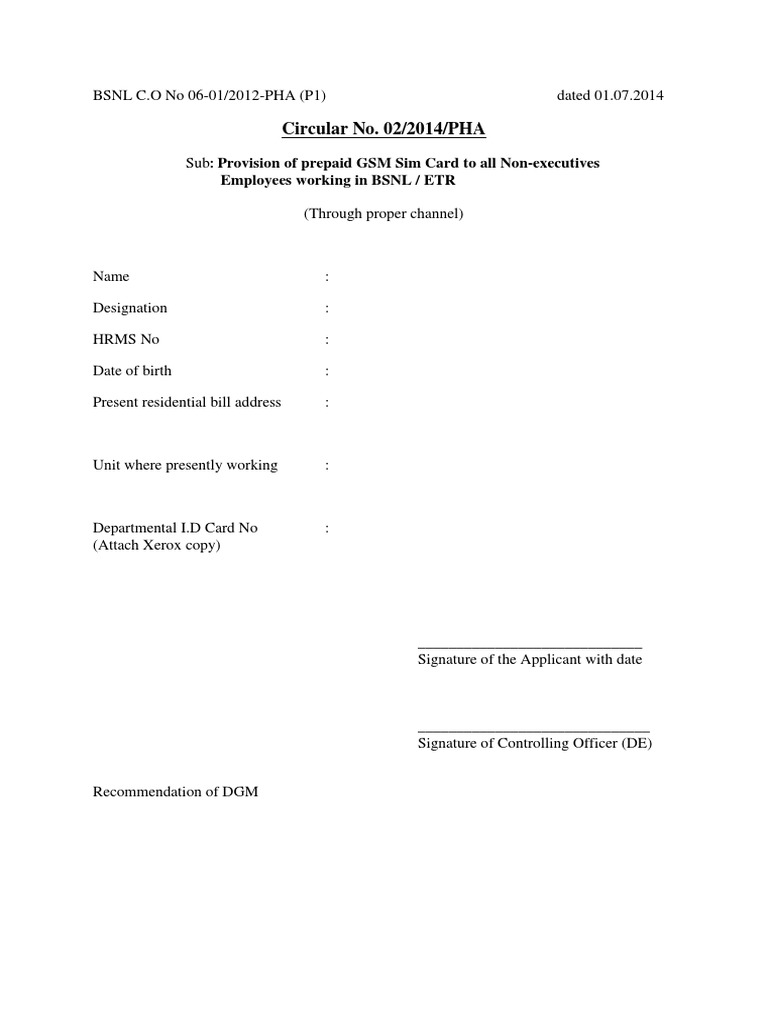 BSNL Sim Card Form | PDF