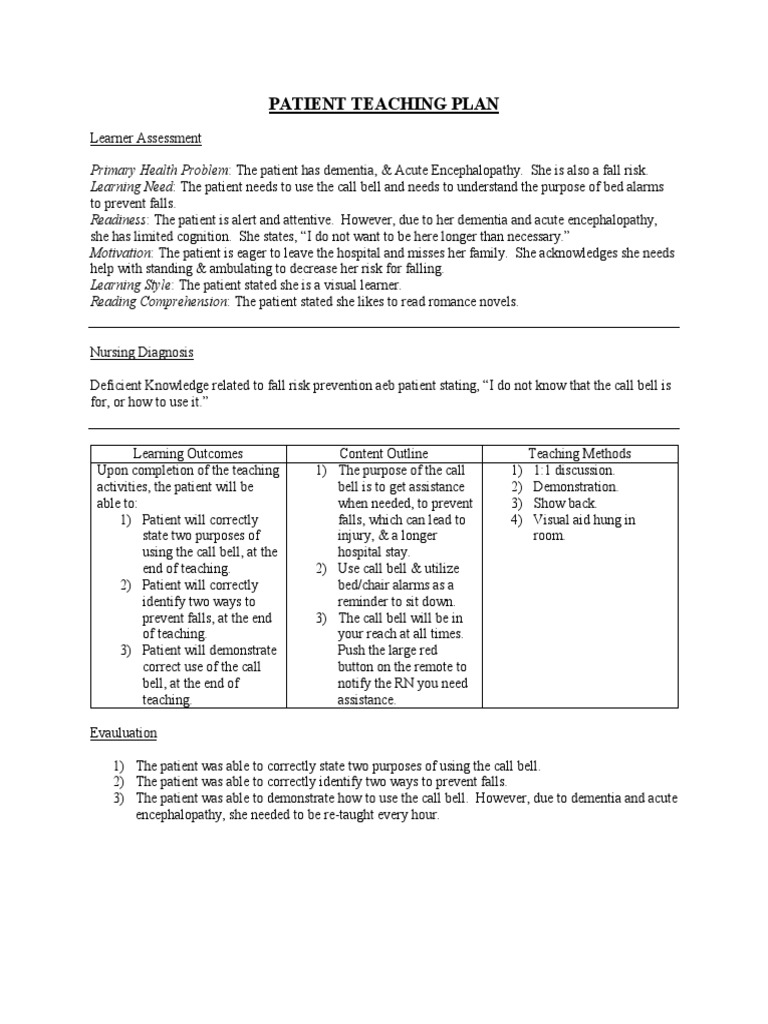 patient teaching plan | Dementia | Patient