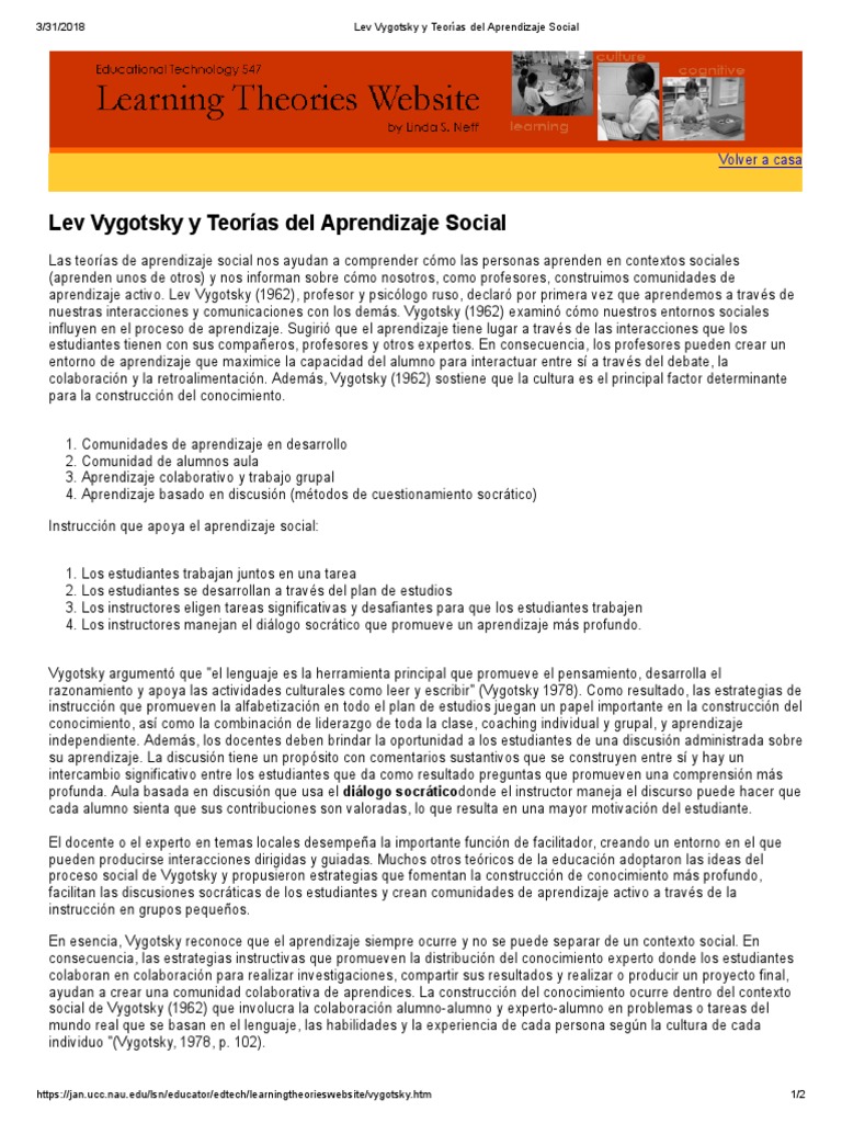 Lev Vygotsky y Teorías Del Aprendizaje Social | PDF | Teoría del aprendizaje (educación ...