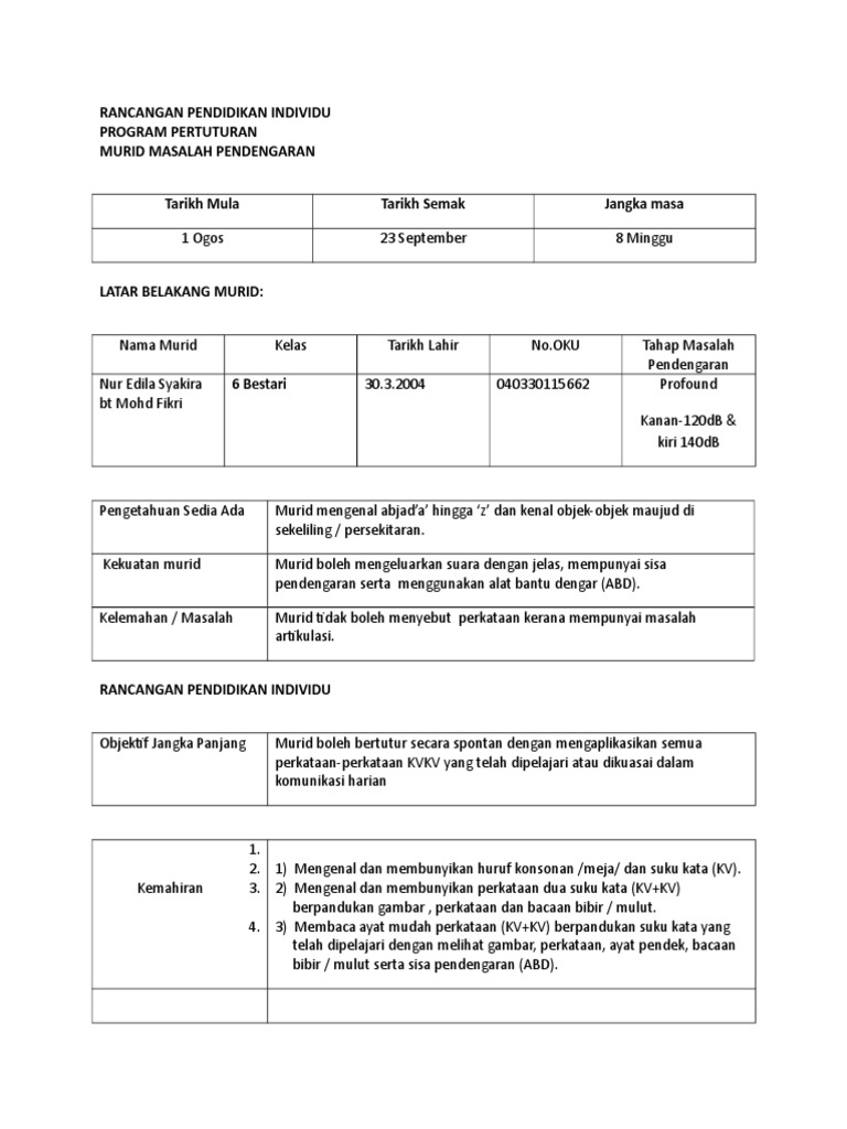 Rancangan Pendidikan Individu 2016 | PDF