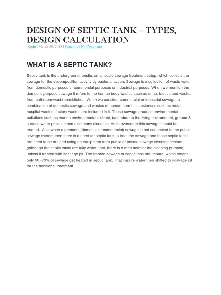 Design of Septic Tank - Types, Design Calculation | PDF | Septic Tank ...
