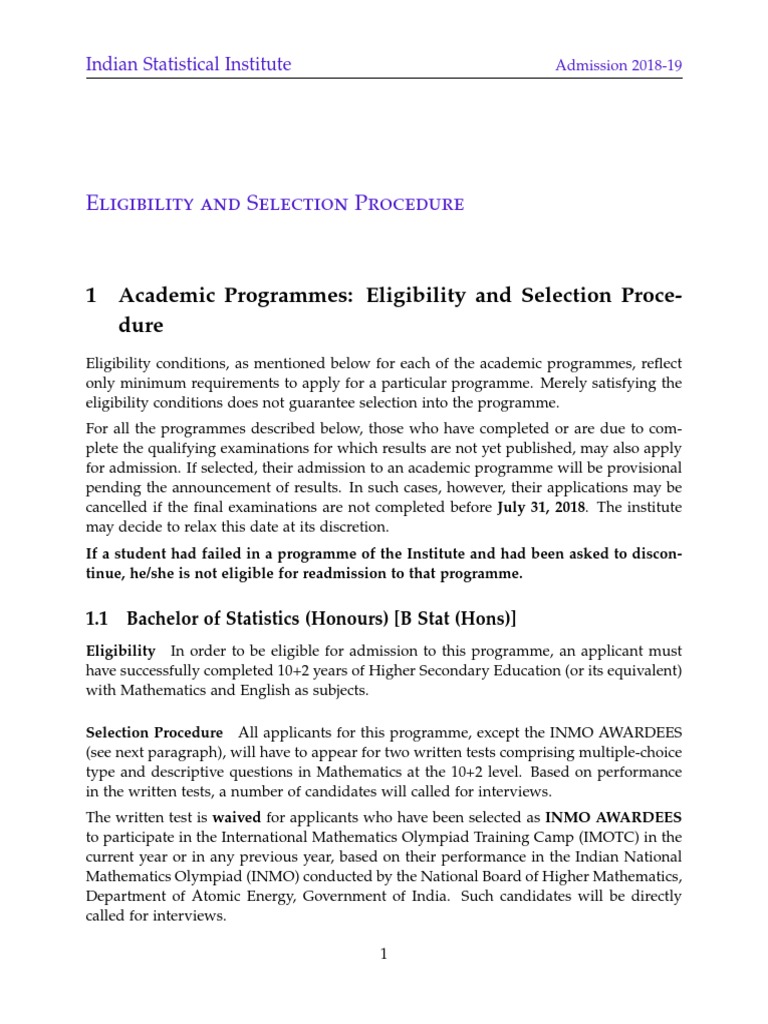 Eligibility and Selection Procedure 2018 | PDF | University And College Admission | Academic Degree