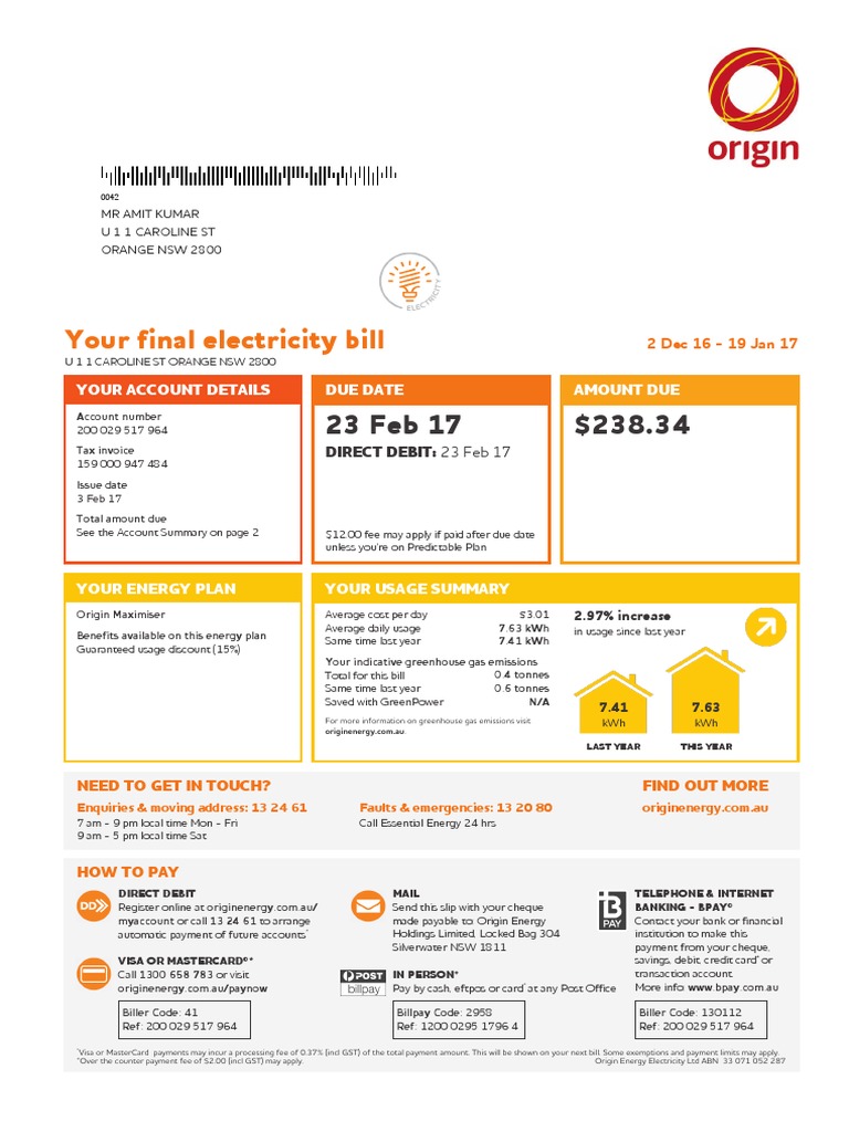 Origin Electricity Invoice - 200029517964 - 03022017 - 211215 | PDF ...