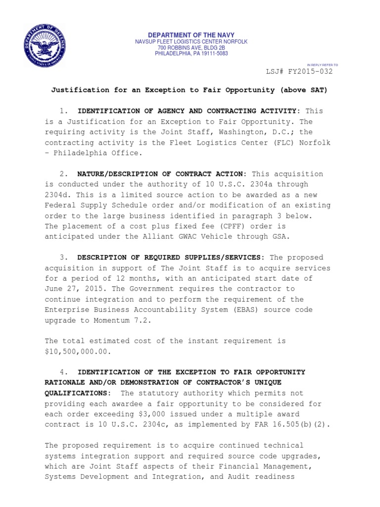 N0018915QZ101 Limited Sources Justification - Joint Staff | PDF ...