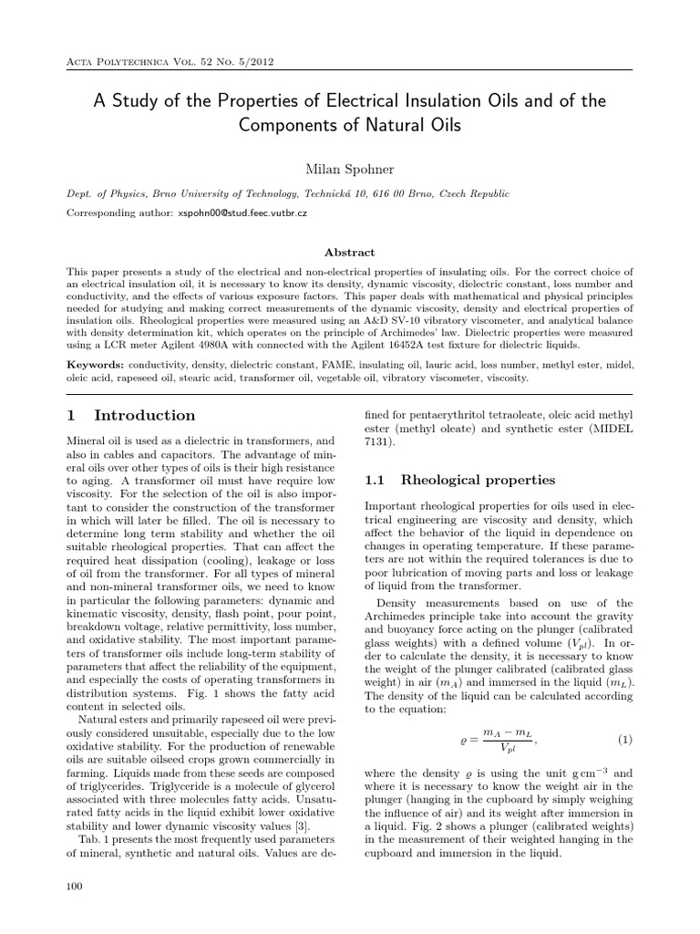 A Study of The Properties of Electrical Insulation Oils and of The ...