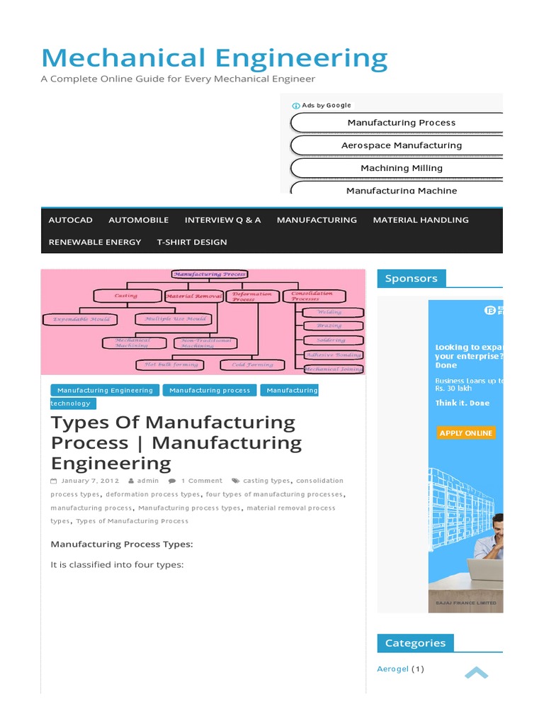 Types of Manufacturing Process Manufacturing Engineering - Mechanical ...