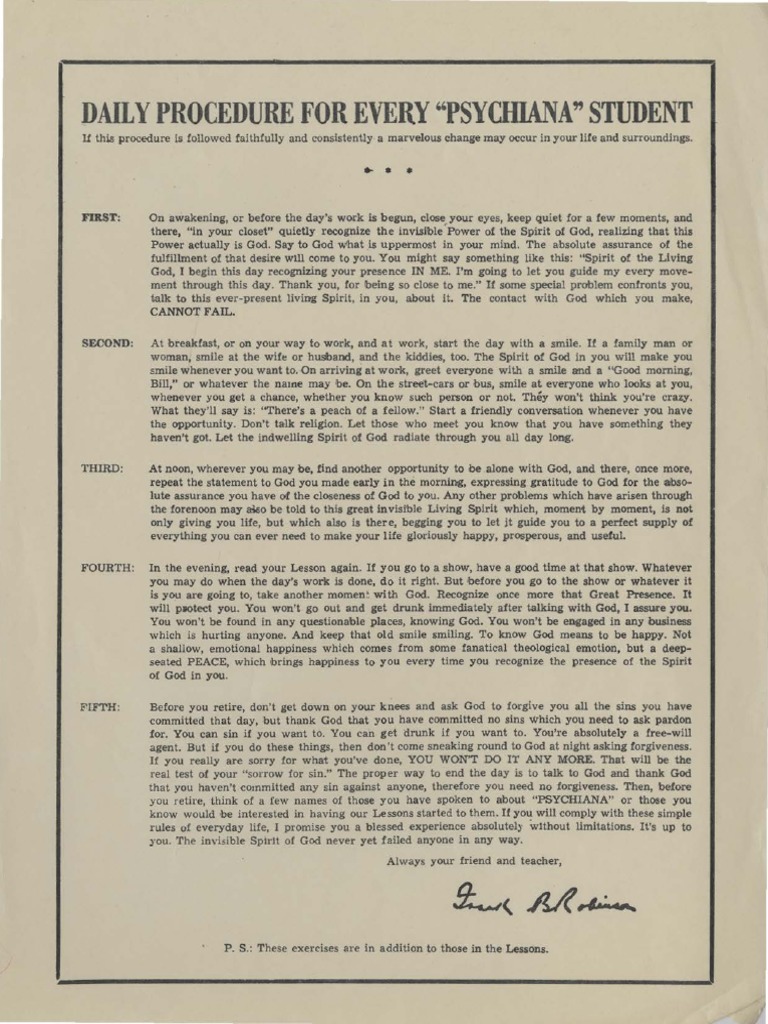 Daily Procedure For Every "Psychiana" Student by Frank B Robinson | PDF ...