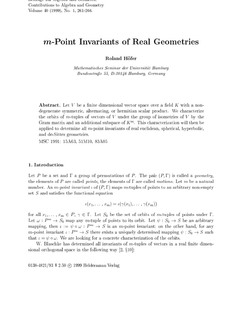 R.hofer M-Point Invariants of Real Geometries | PDF | Vector Space | Functions And Mappings