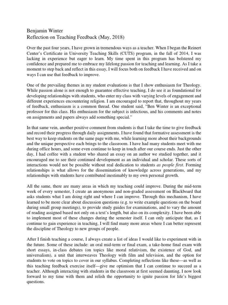 Reflection On Teaching Feedback | PDF | Teachers | Test (Assessment)