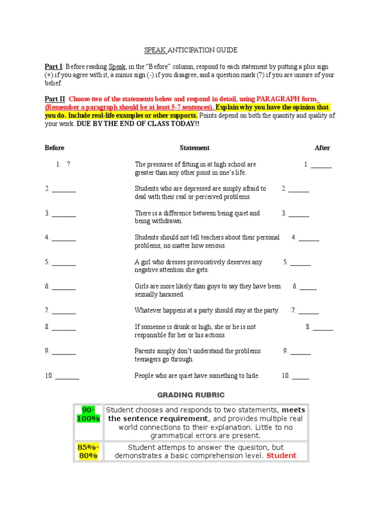 Speak Anticipation Guide Instructions | PDF | Reading Comprehension ...