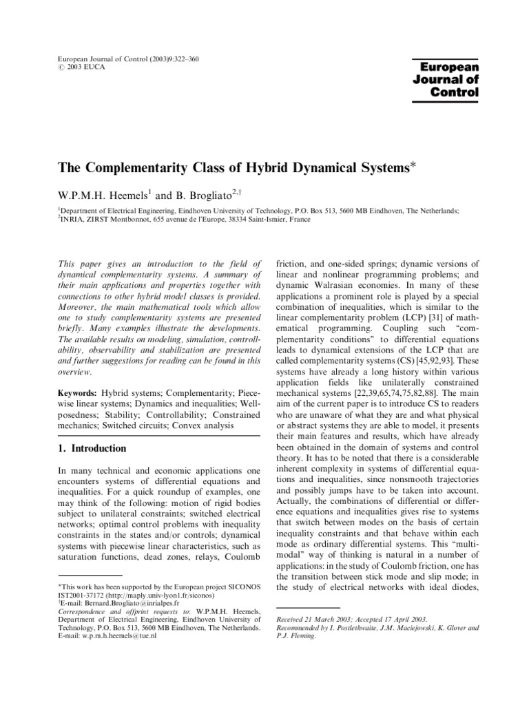 The Complementarity Class of Hybrid Dynamical Systems: W.P.M.H. Heemels and B. Brogliato | PDF ...