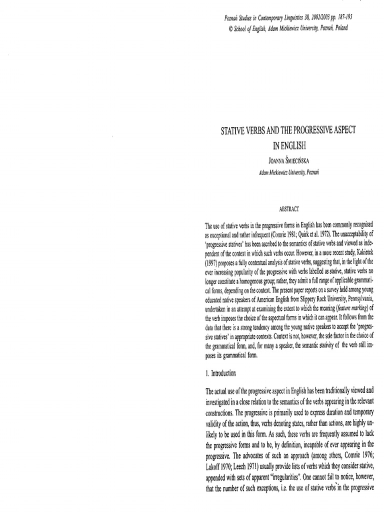 Stative Verbs and The Progressive Aspect PDF | PDF | Syntactic Relationships | Grammar