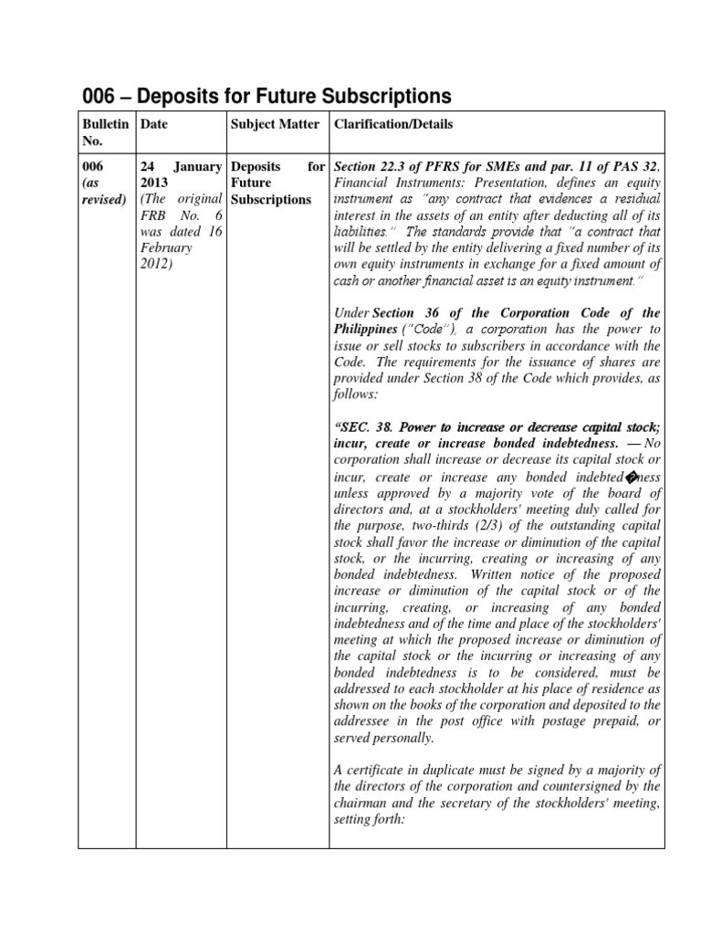 FRB 006 - Deposits On Future Subscriptions | PDF | Stocks | Bonds (Finance)