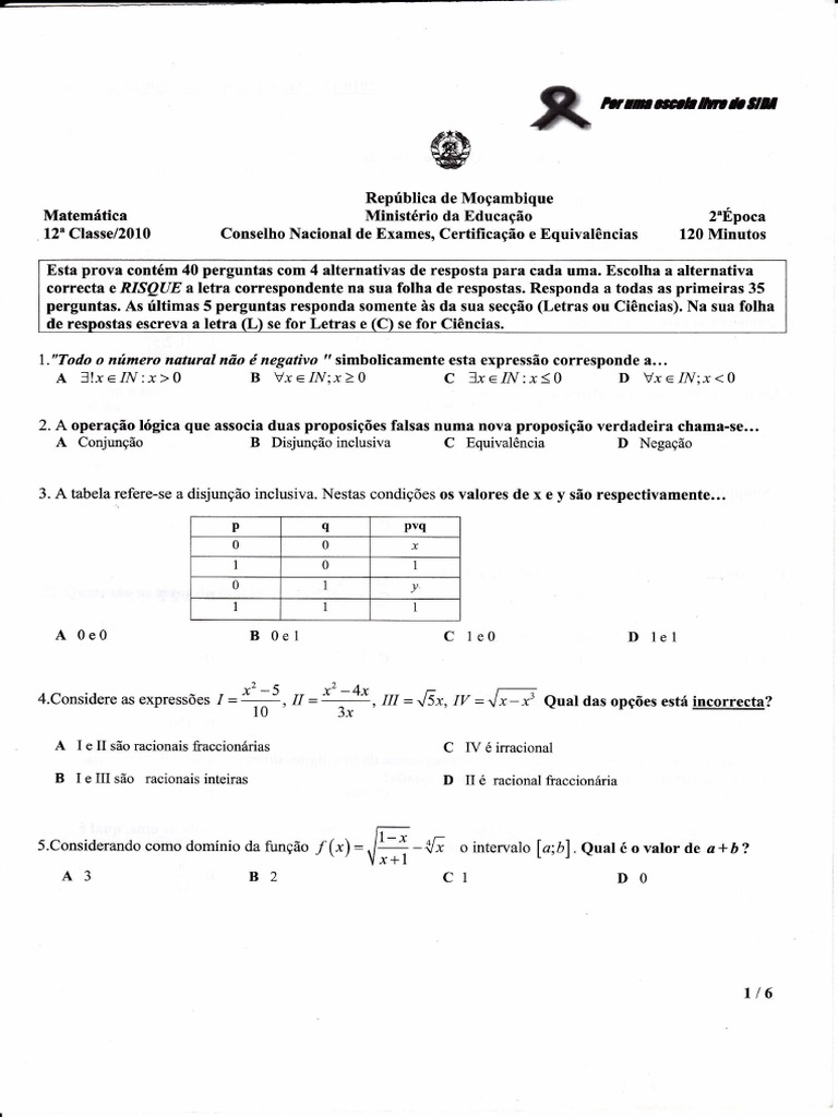 Exame Nacional Moambique 12 Classe Matematica 2 Epoca 2010 PDF | PDF ...