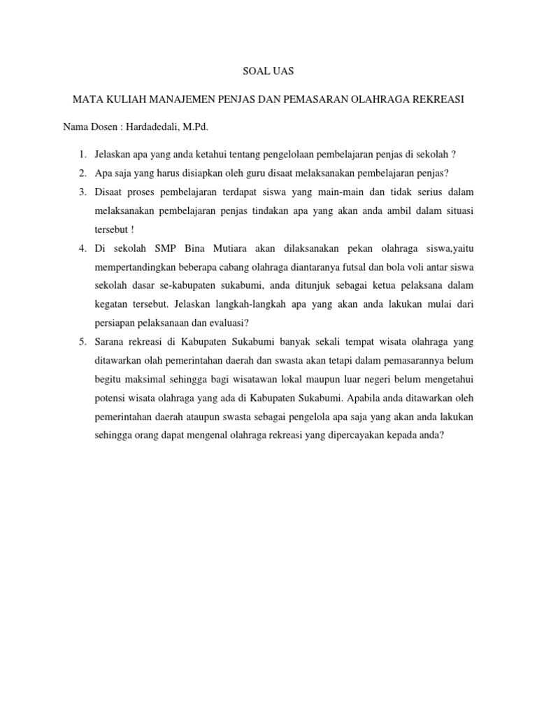 SOAL UAS Manajemen Penjas Dan Pemasaran Olahraga Rekreasi | PDF