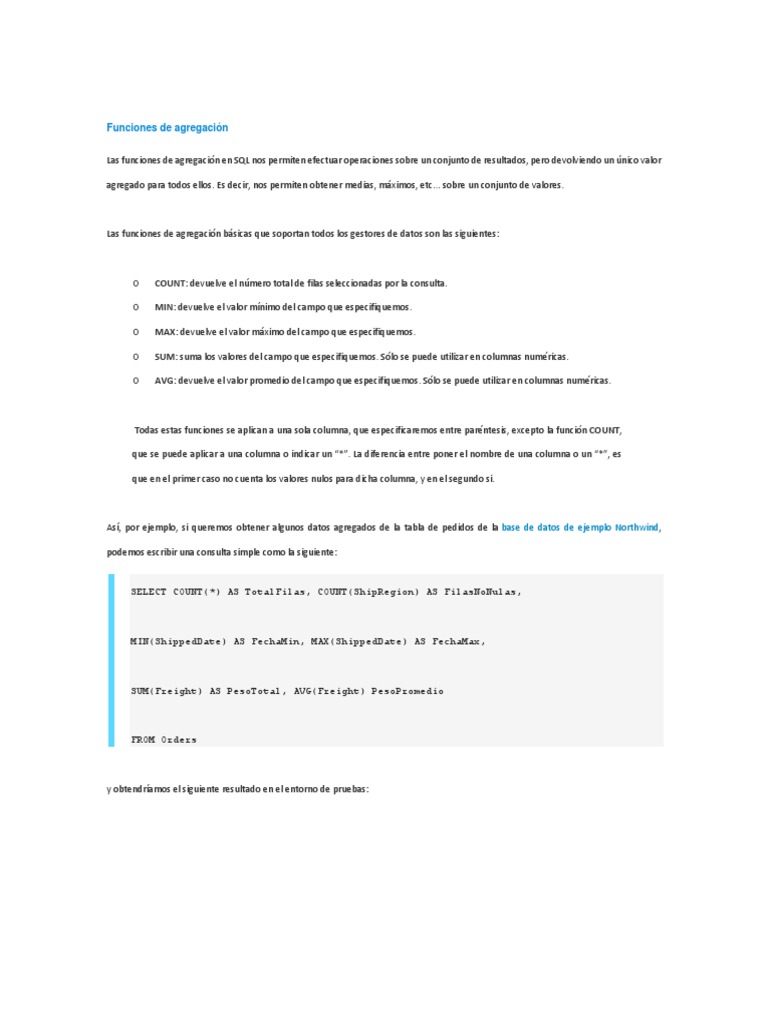 Funciones de Agregación en SQL | PDF | SQL | Tabla (base de datos)