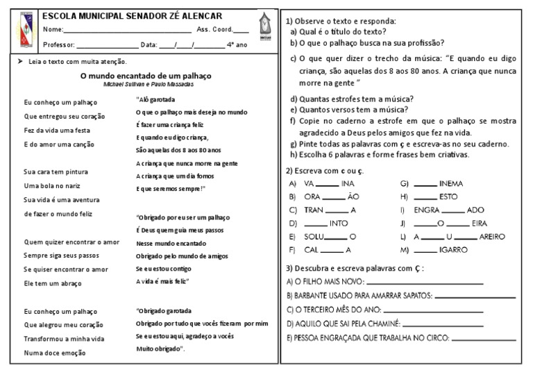 Português Atividade Com Cedilha | PDF | Amor