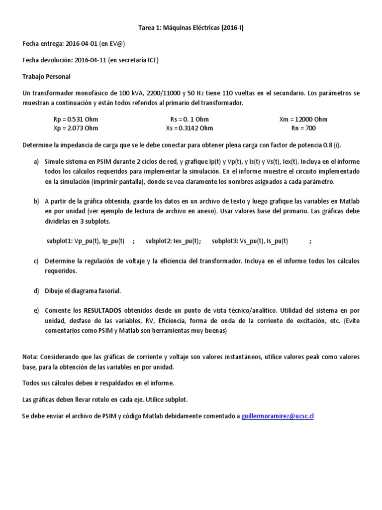 Tarea 1 - Trafo Monofasico | PDF | Transformador | Fuerza