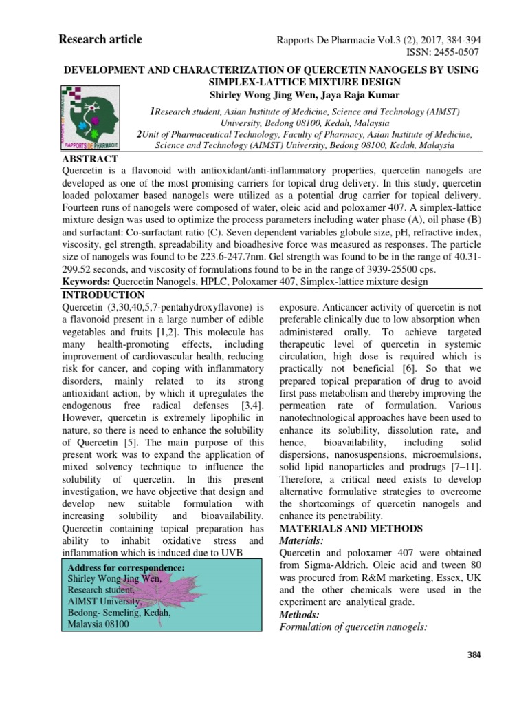 Development And Characterization Of Quercetin Nanogels By Using Simplex Lattice Mixture Design
