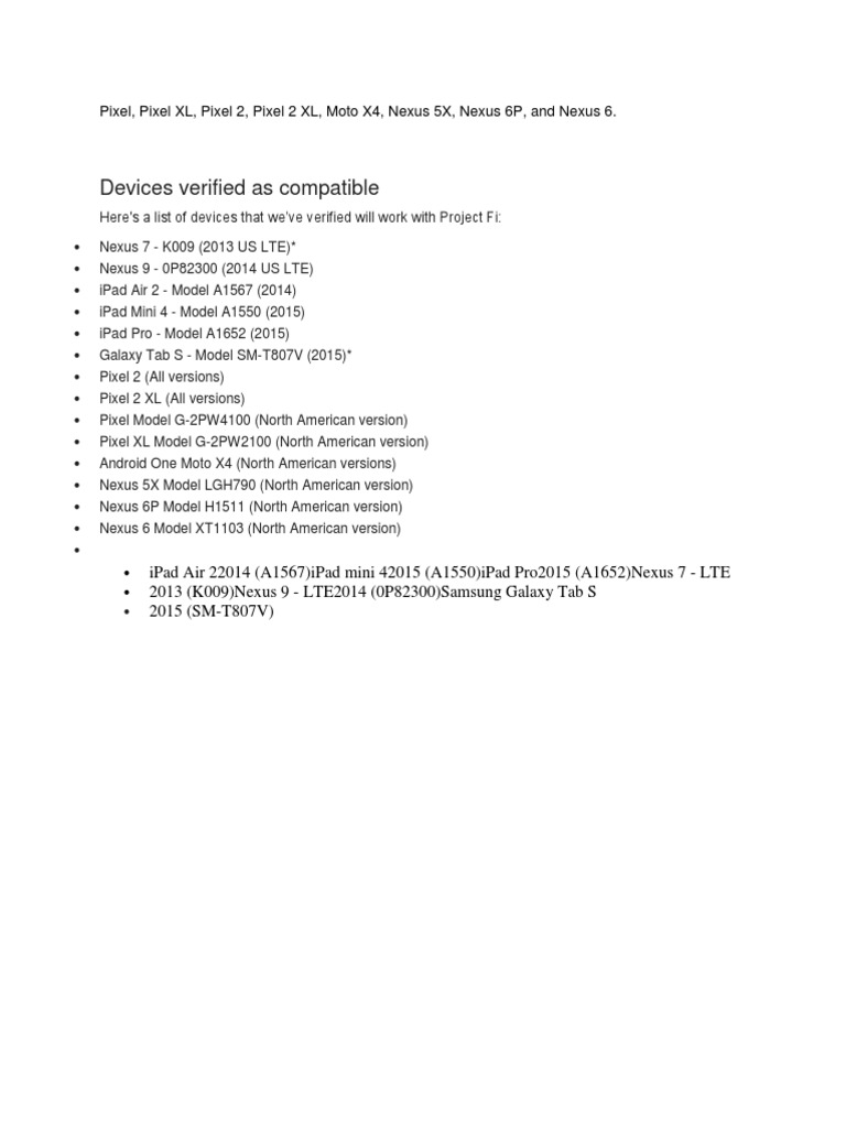 Compatible Devices for Project Fi | PDF