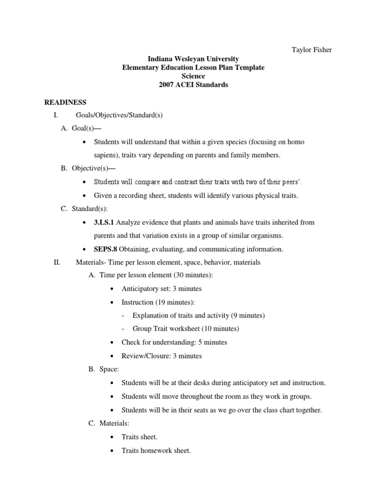 Indiana Wesleyan University Elementary Education Lesson Plan Template ...