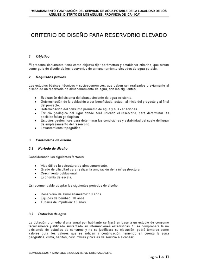Criterio de Diseño de Reservorio Elevado | PDF | Reservorio | Bomba