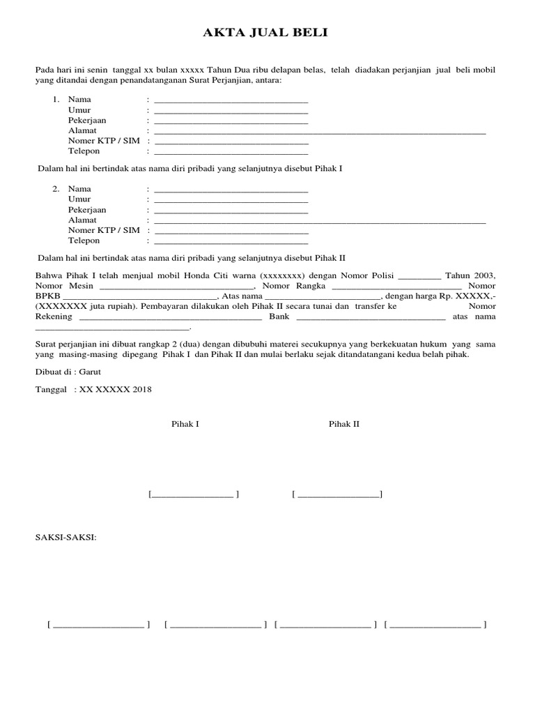 Contoh Akta Jual Beli Mobil | PDF