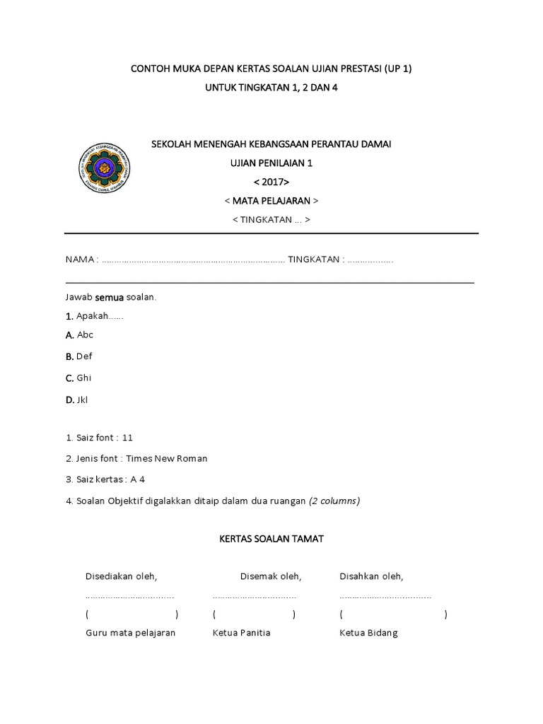 Format Muka Depan Kertas Soalan | PDF