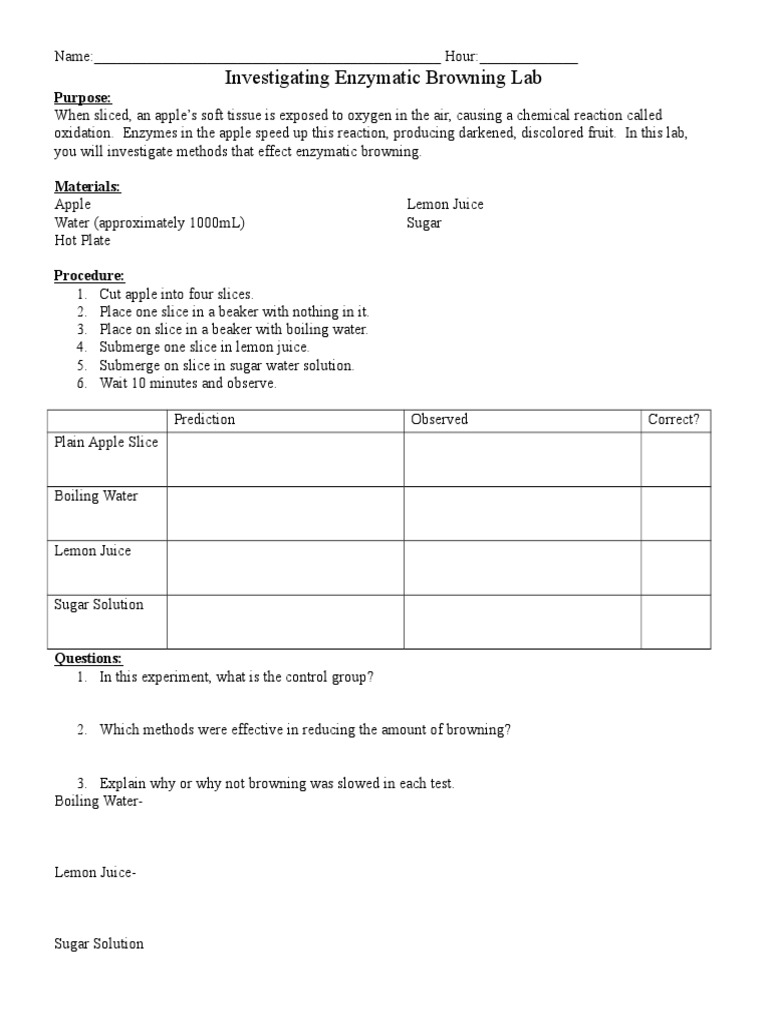 Investigating Enzymatic Browning Lab: Purpose | PDF