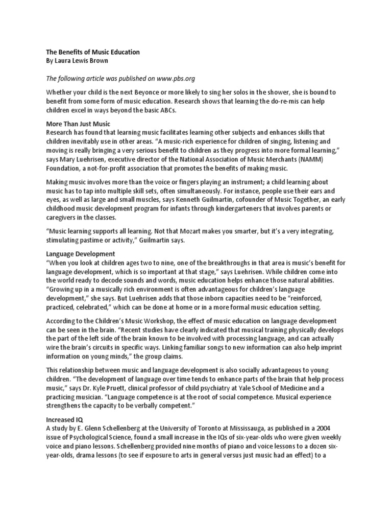 The Benefits of Music Education | PDF | Music Education | Language ...