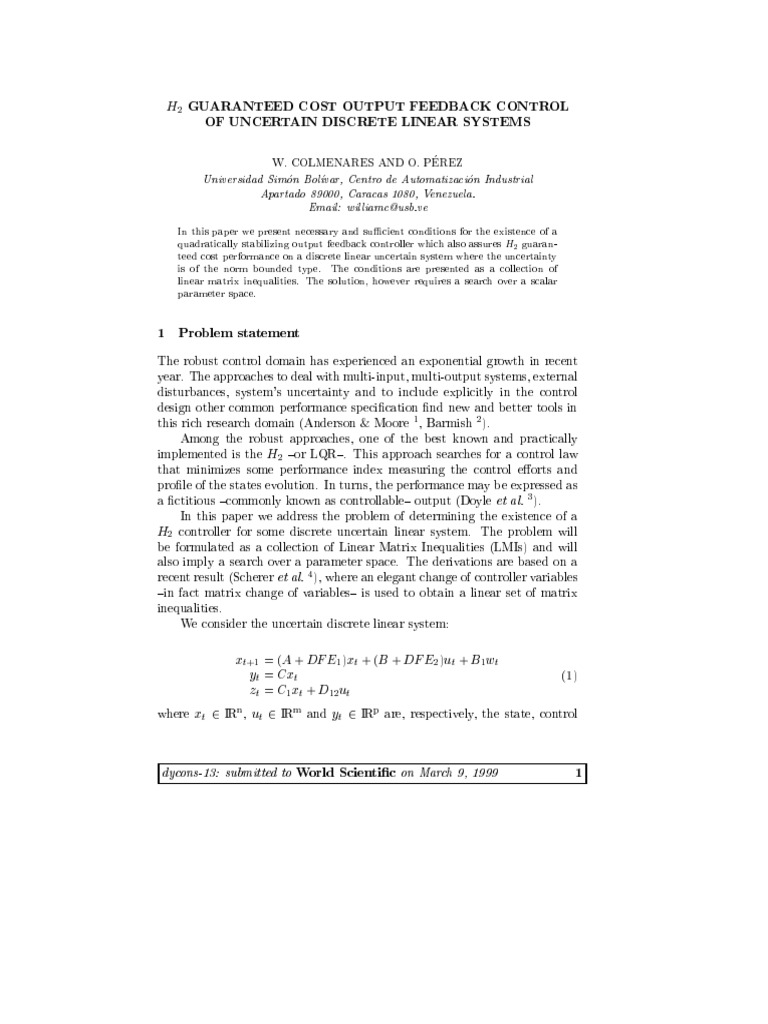 Guaranteed Cost Output Feedback Control of Uncertain Discrete Linear Systems | PDF | Control ...