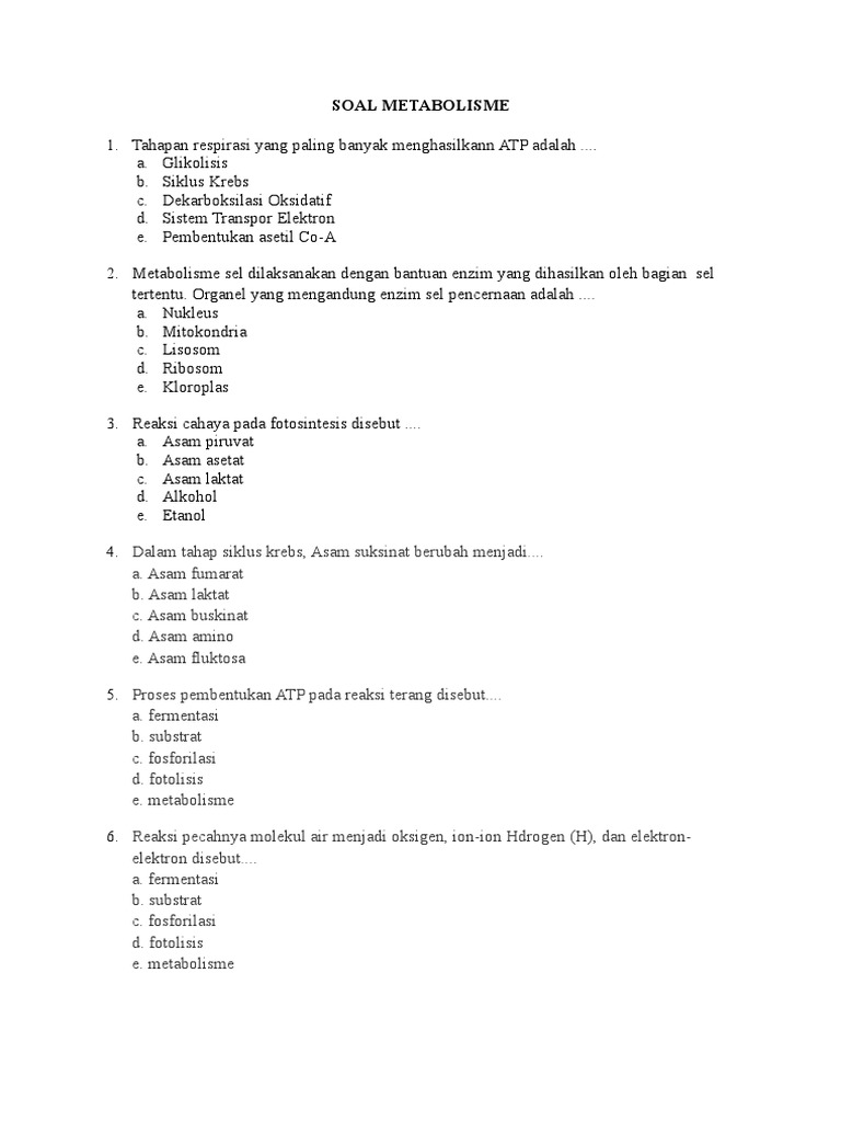 Soal Metabolisme | PDF