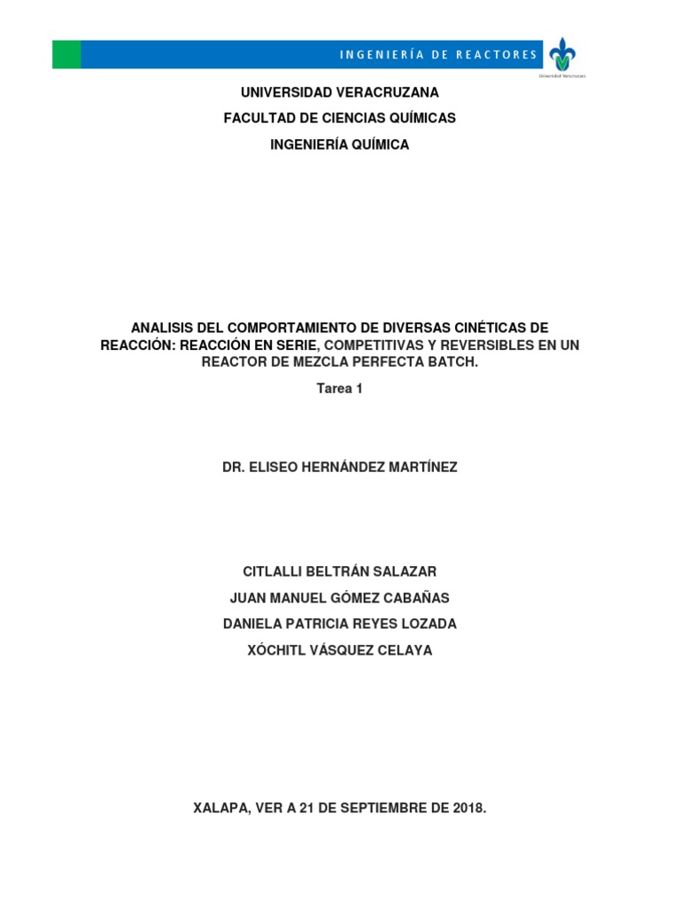 Tarea 2 Ing. Reactores | PDF | Reactor Quimico | Reacciones químicas