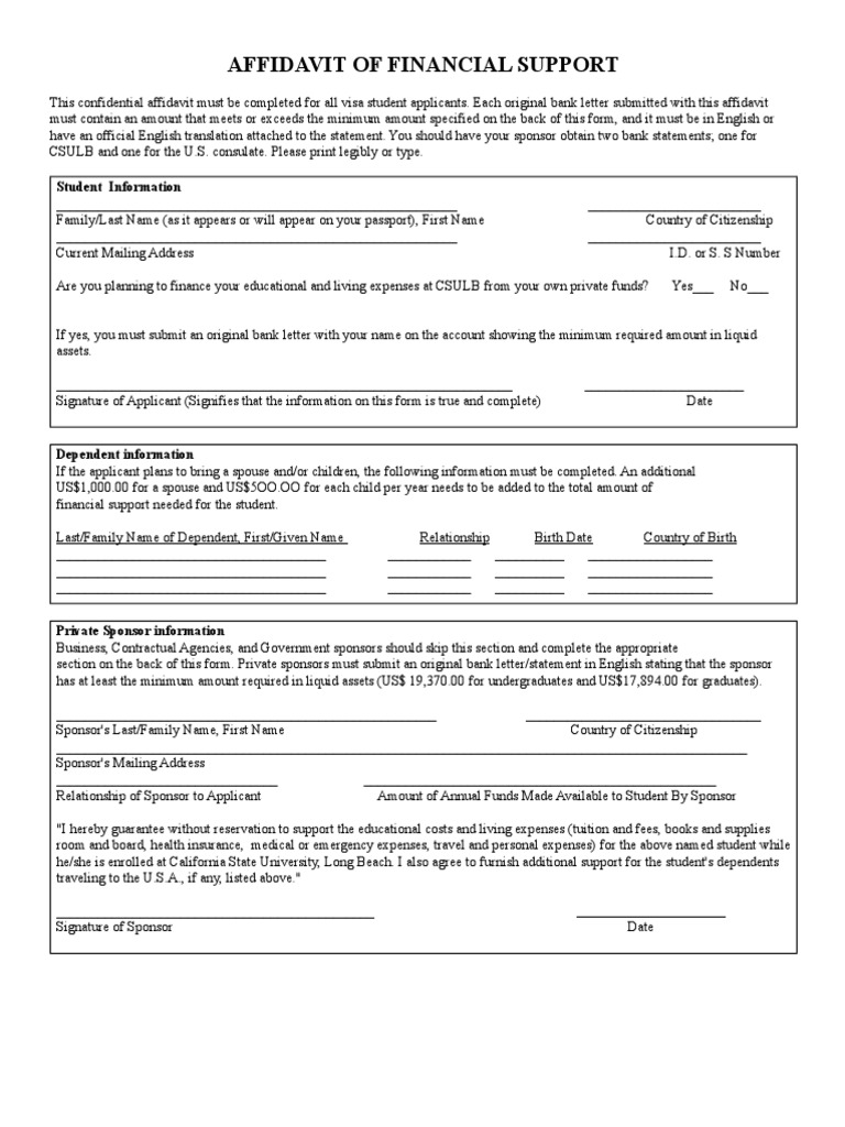 Affidavit Financial Support | PDF | Tuition Payments | Sponsor (Commercial)