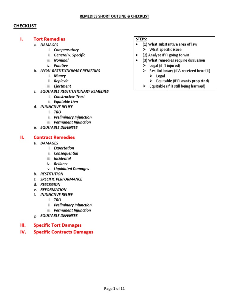Bar Prep - Outline - Remedies - Short | PDF | Damages | Injunction