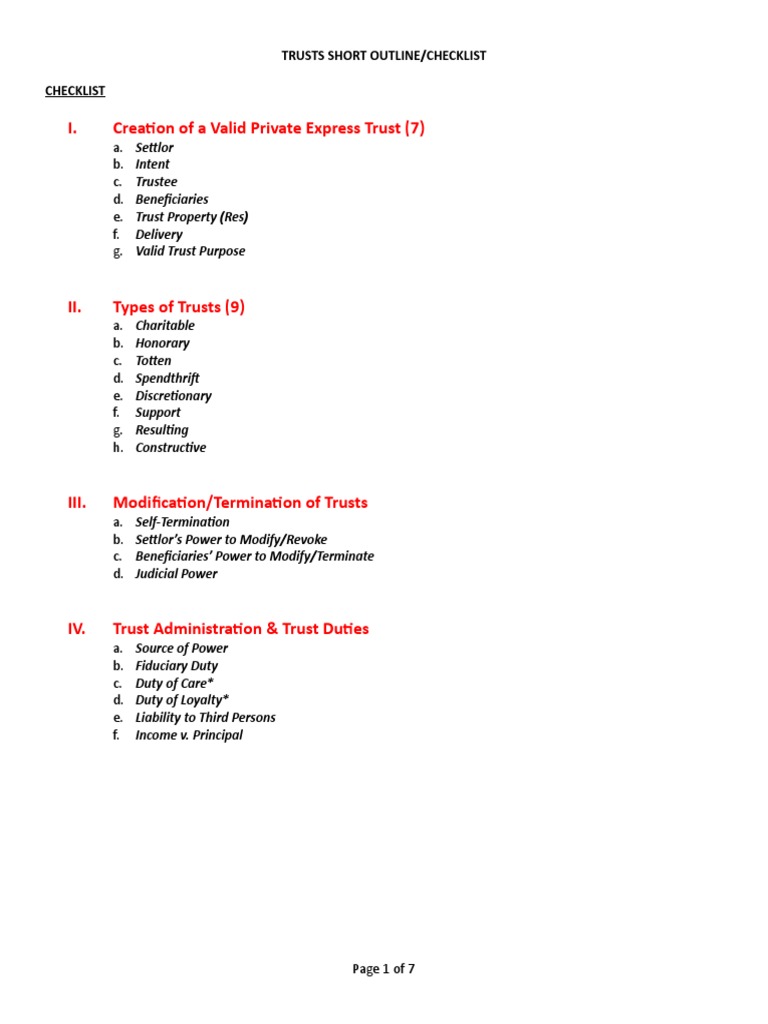 Bar Prep - Outline - Trusts - Short | PDF | Trust Law | Trustee