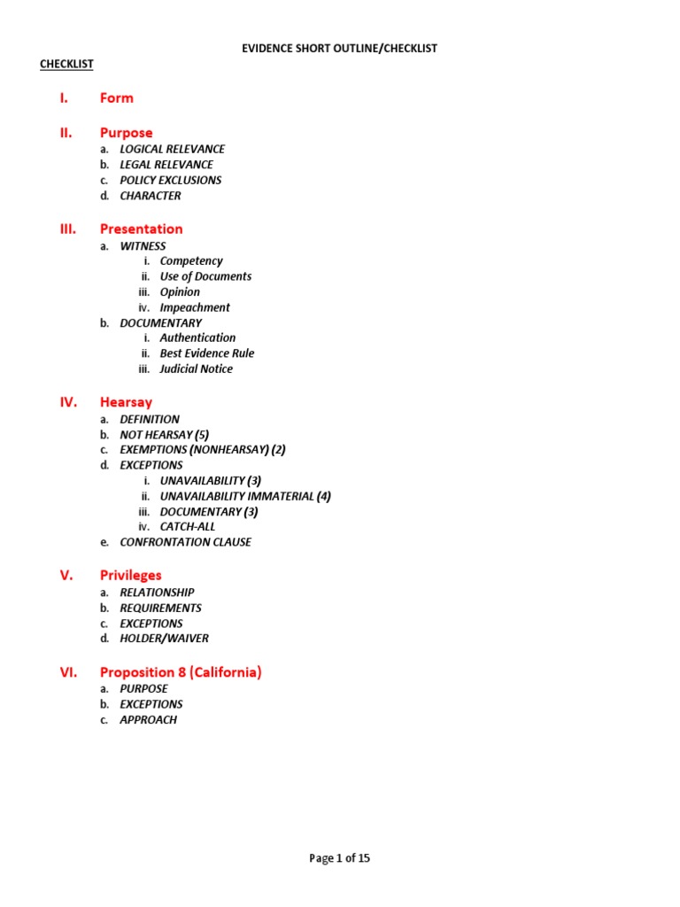 Bar Prep - Outline - Evidence - Short | PDF | Witness Impeachment | Witness