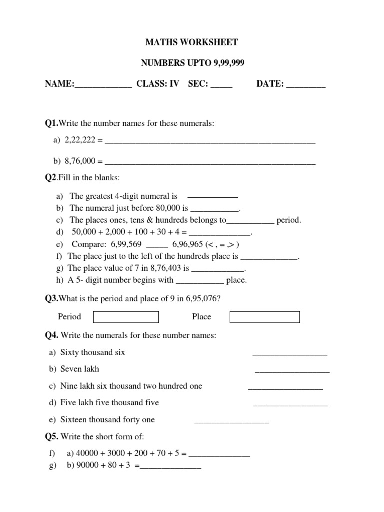 Revision Worksheet-1 Class 4 Unit 1 | PDF | Teaching Mathematics