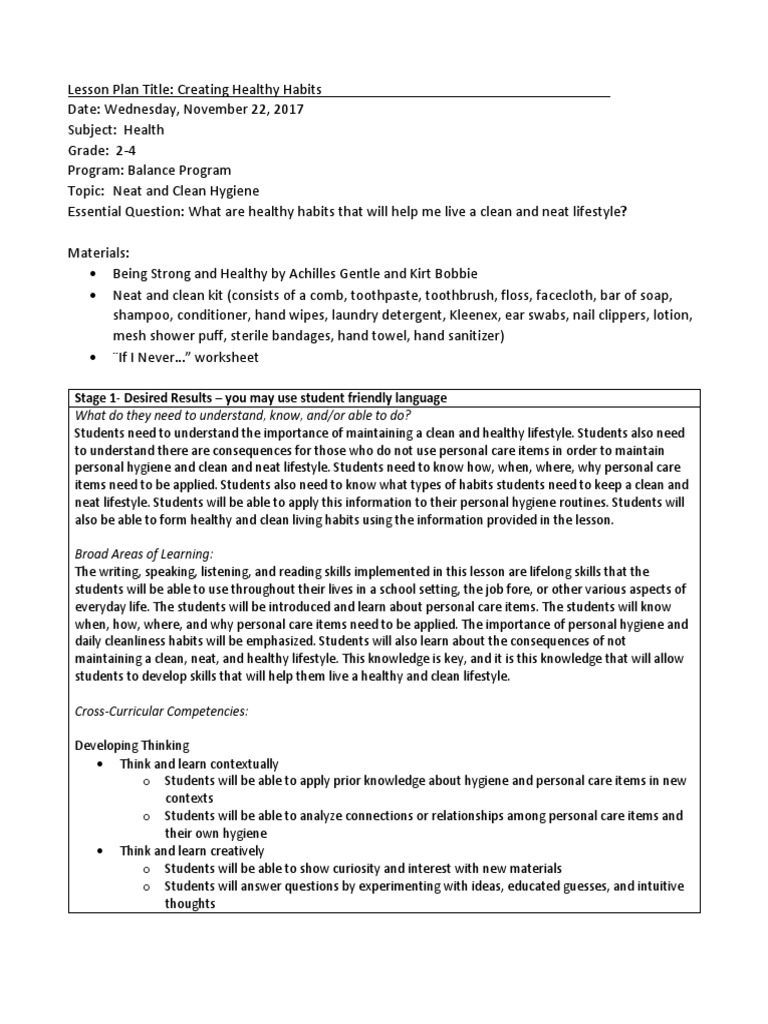 Creating Healthy Habits Lesson Plan | PDF | Curriculum | Hygiene