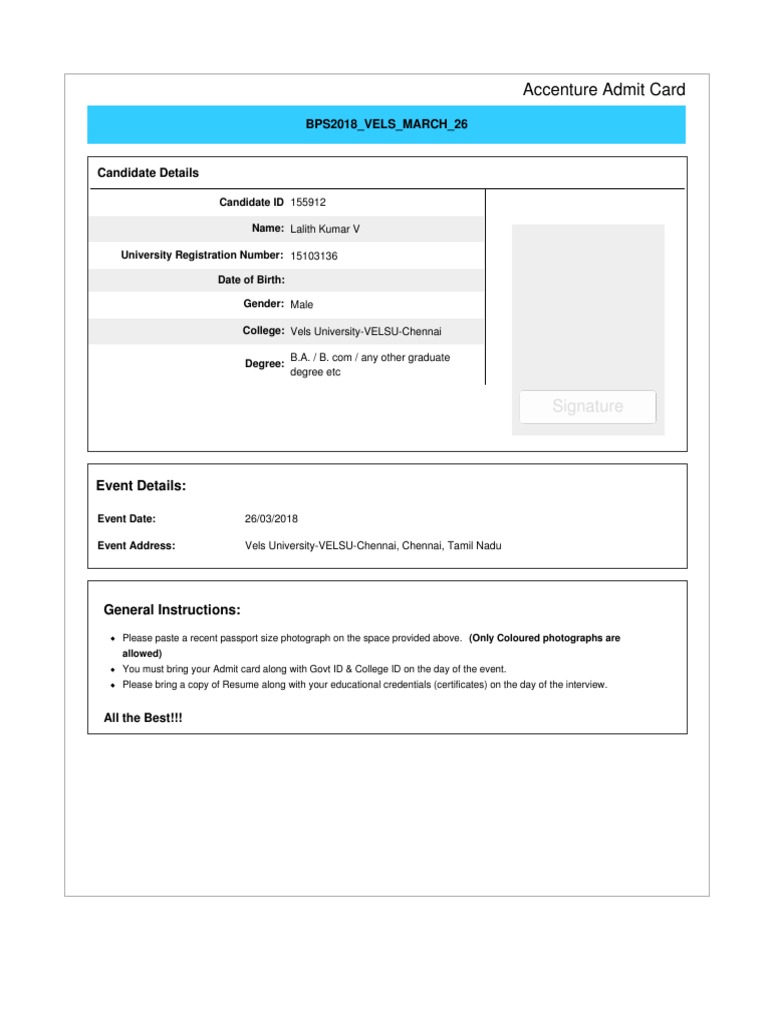 Accenture Admit Card: BPS2018 - VELS - MARCH - 26 Candidate Details | PDF