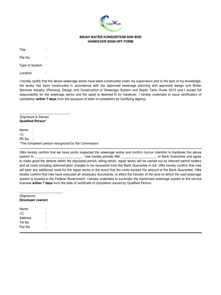 Hand Over Sign Off Form | PDF