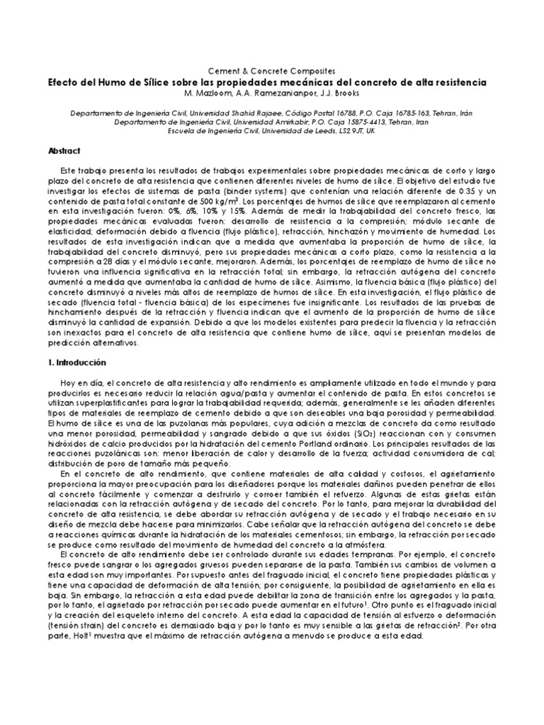 Efecto del Humo de Sílice sobre las propiedades mecánicas del concreto ...