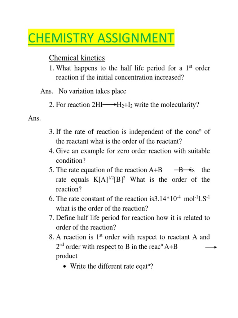 Chemistry Assignment on Chemical Kinetics | PDF | Science & Mathematics