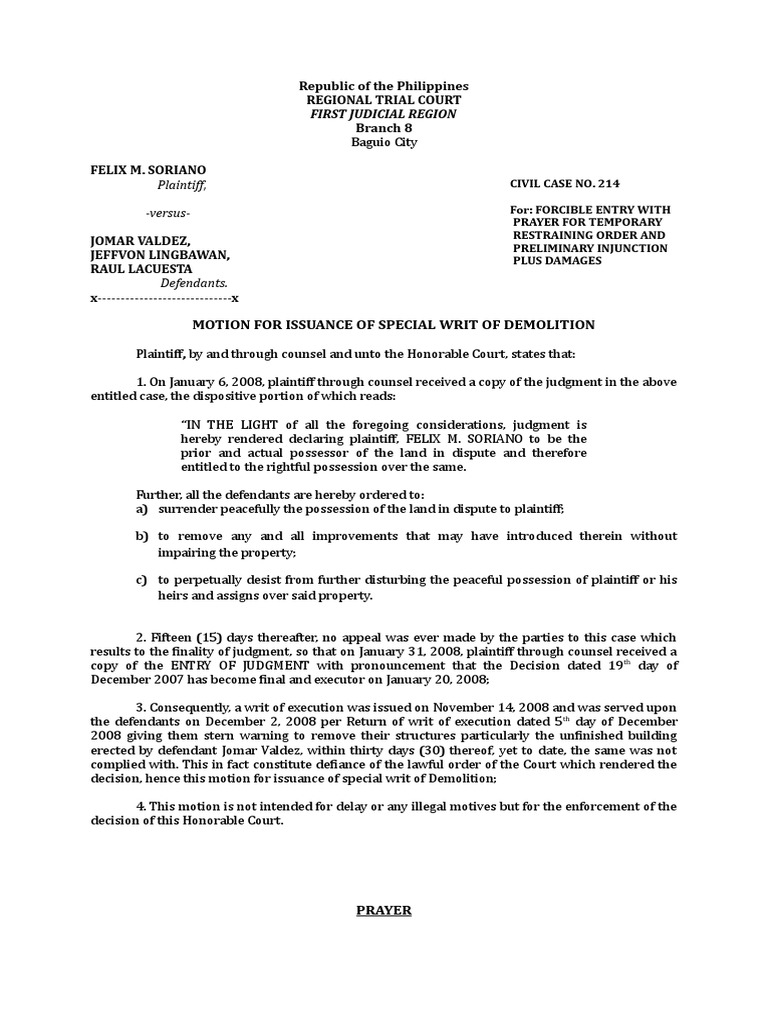 Special Writ of Demolition | PDF | Judgment (Law) | Injunction