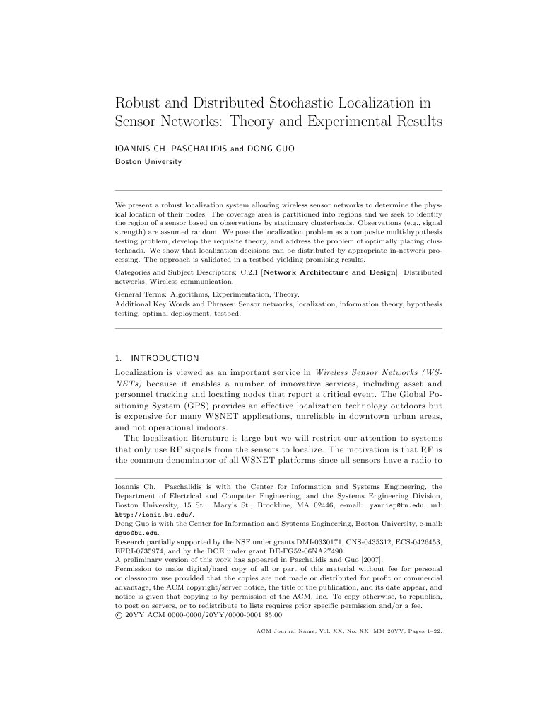 Robust And Distributed Stochastic Localization In Sensor Networks Theory And Experimental