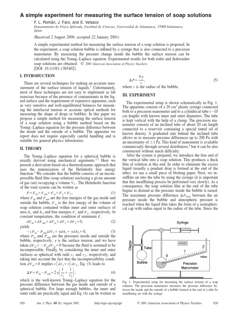 A Simple Experiment For Measuring The Surface Tension of Soap Solutions ...
