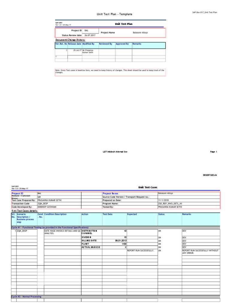 Unit Test Plan - Template: Document Change History | PDF | Unit Testing ...