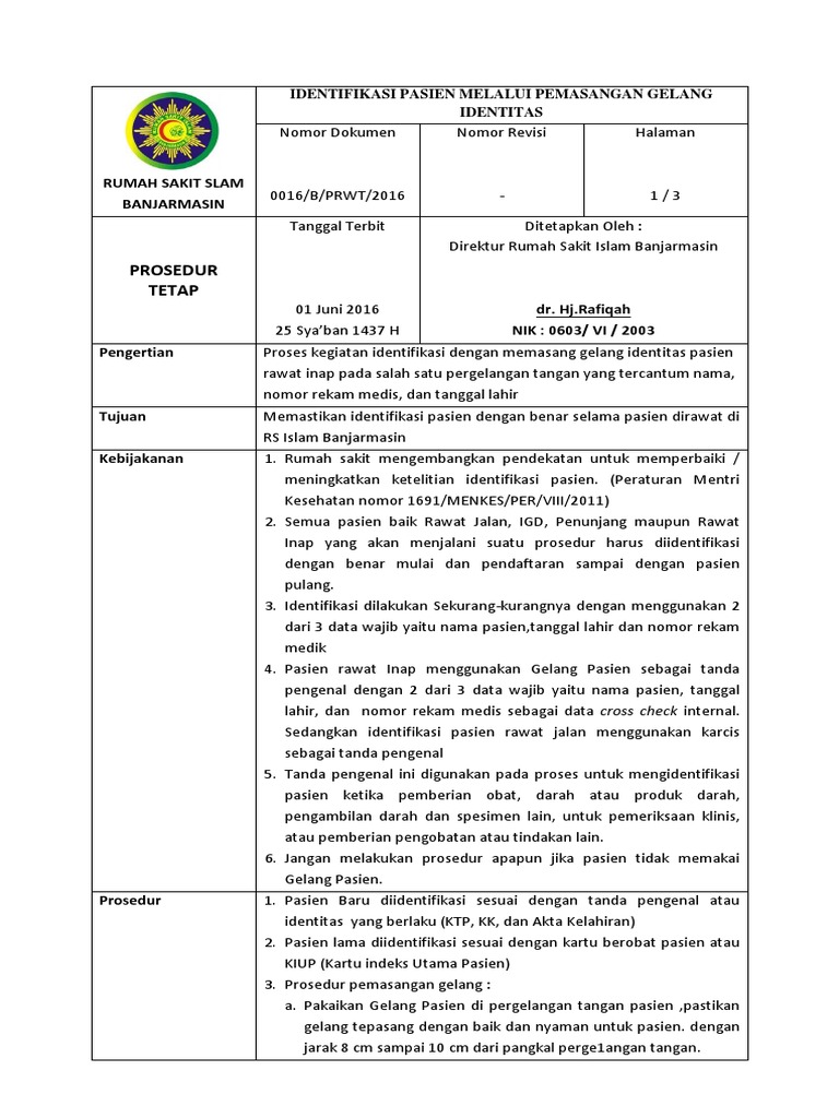 Sop Identifikasi Pasien Melalui Pemasangan Gelang Identitas | PDF